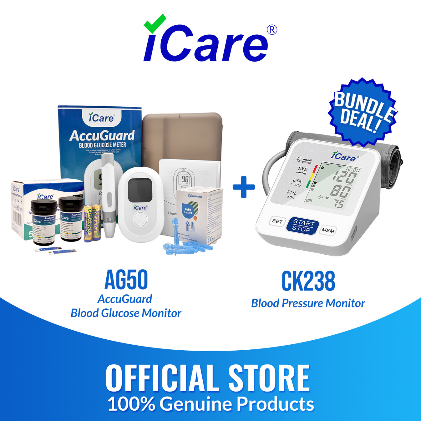 iCare Bundle Deal 26 AG50 Glucose Meter + CK238 Digital BP Monitor ...