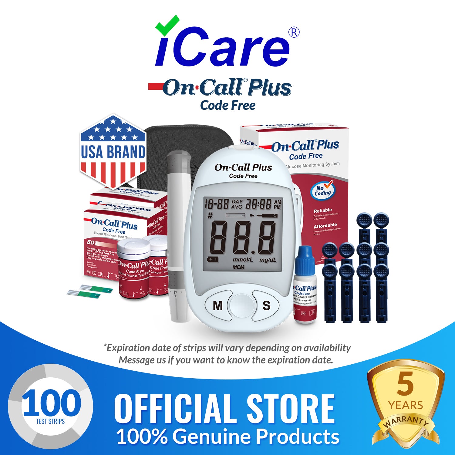 iCare OnCall Plus Code-Free Glucose Meter with 100 Test Strips and 110 ...