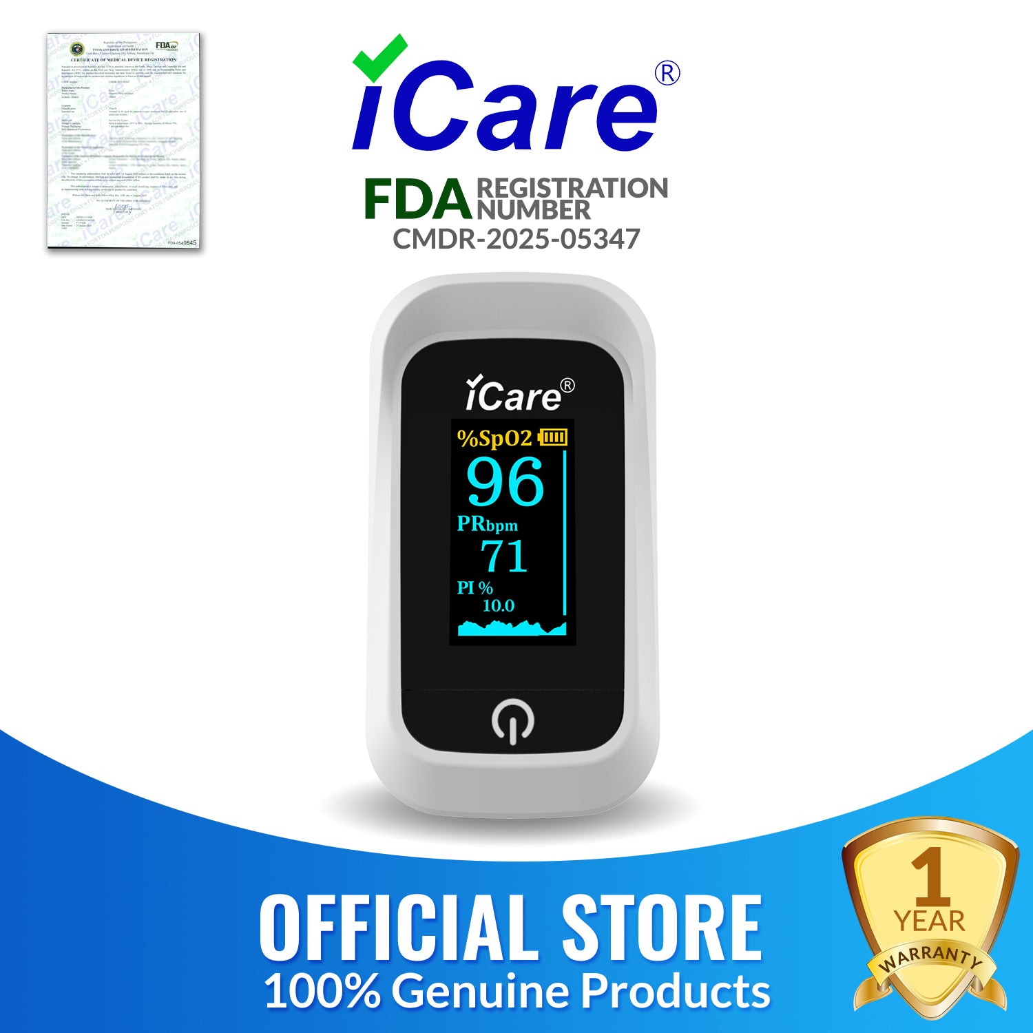 iCare® OX001 Fingertip Pulse Oximeter, (SpO2)Blood Oxygen Saturation M ...