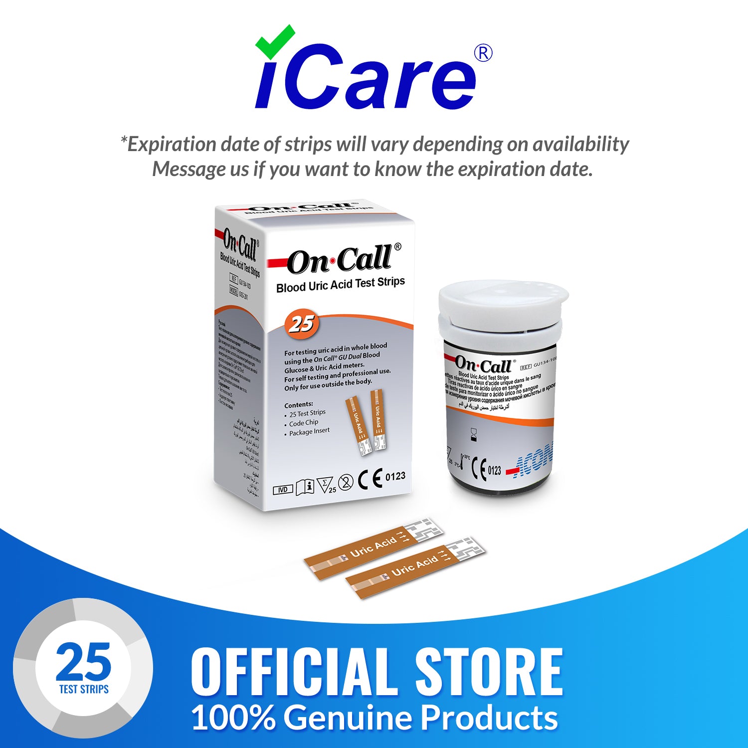 iCare® Uric-T25 On Call Blood Uric Acid Test Strips 25pcs + Lancets 25 ...