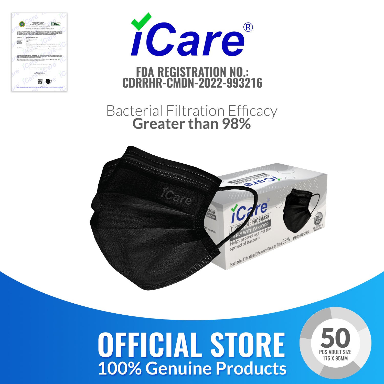 iCare® REF287 Disposable Face Mask ( Type II For Medical Use) with Com ...