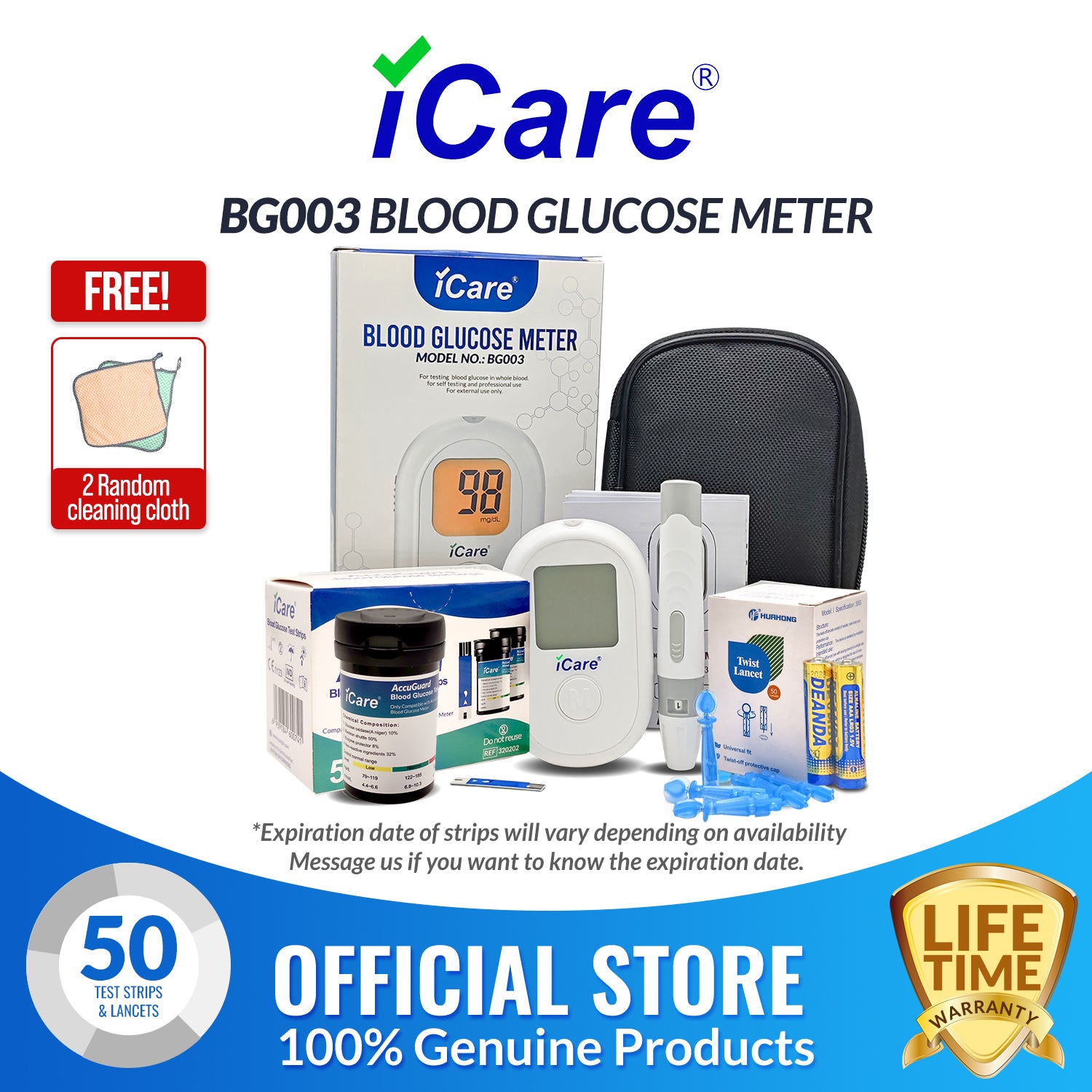 iCare BG003 Blood Glucose Monitor Complete set + 50pcs Test Strips & 5 ...