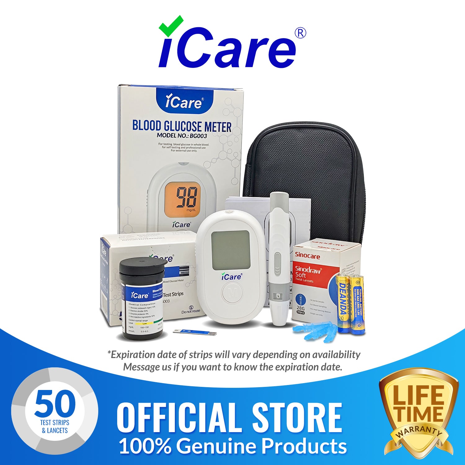 iCare BG003 Blood Glucose Monitor Complete set + 50pcs Test Strips & 5 ...