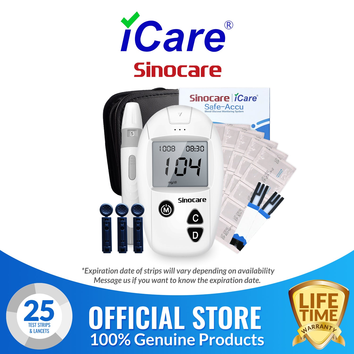 iCare® Safe Accu Blood Glucose Meter COMPLETE SET (1Meter + 25 Individ ...